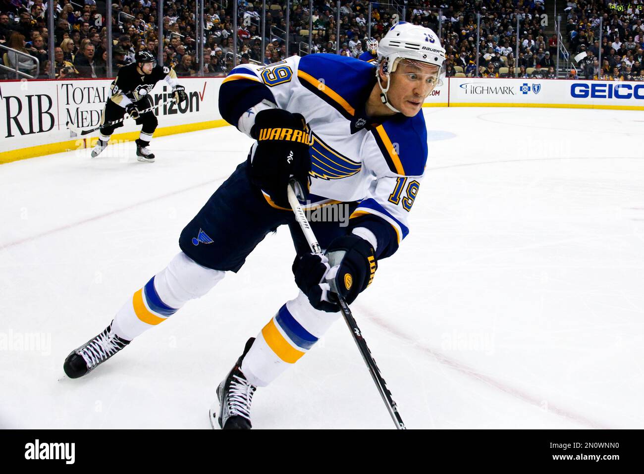 St. Louis Blues' Jay Bouwmeester (19) plays in an NHL hockey game ...