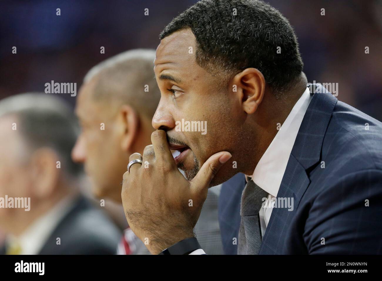 Detroit Pistons assistant coach Malik Allen watches from the bench ...