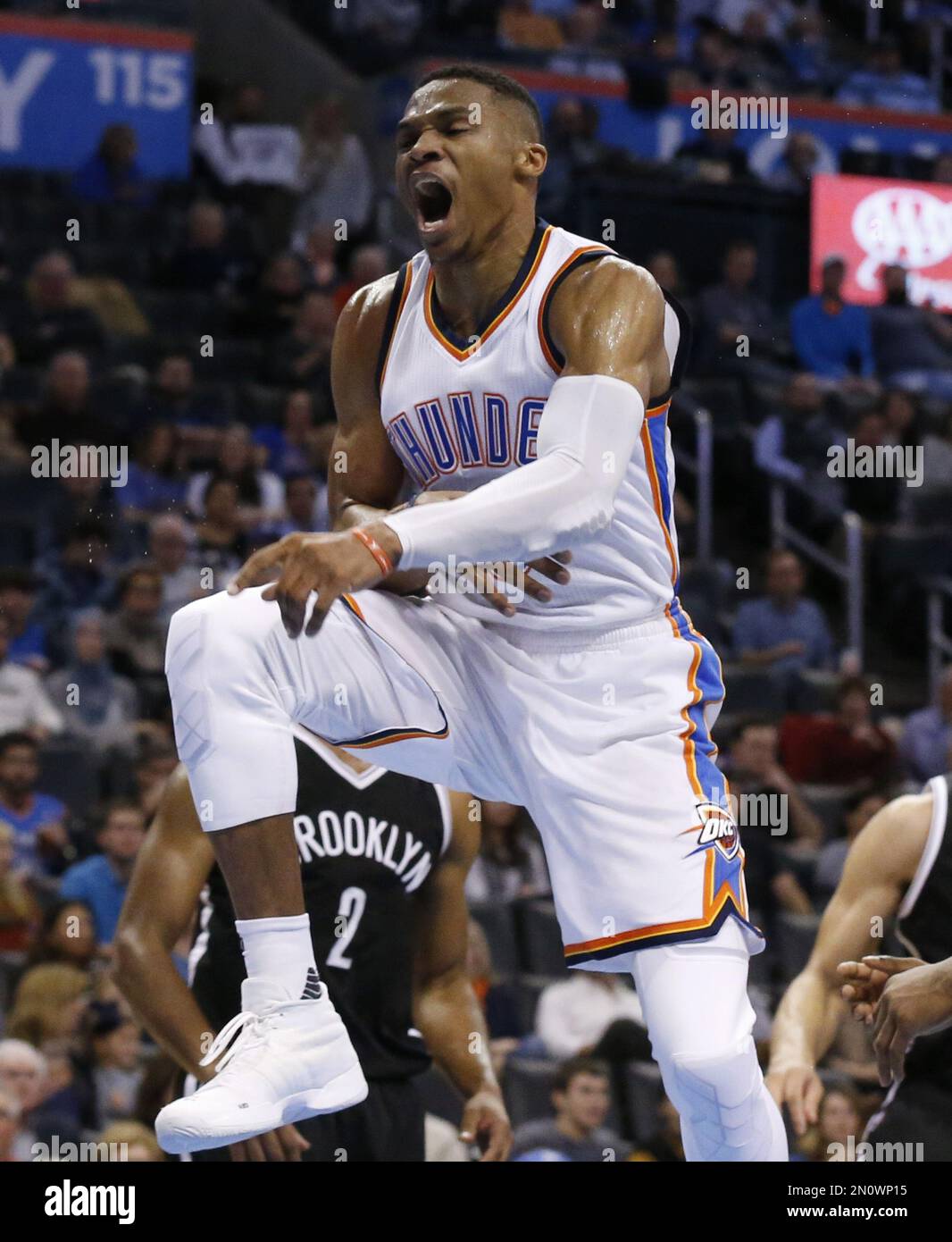 Oklahoma City Thunder guard Russell Westbrook shouts following a dunk ...