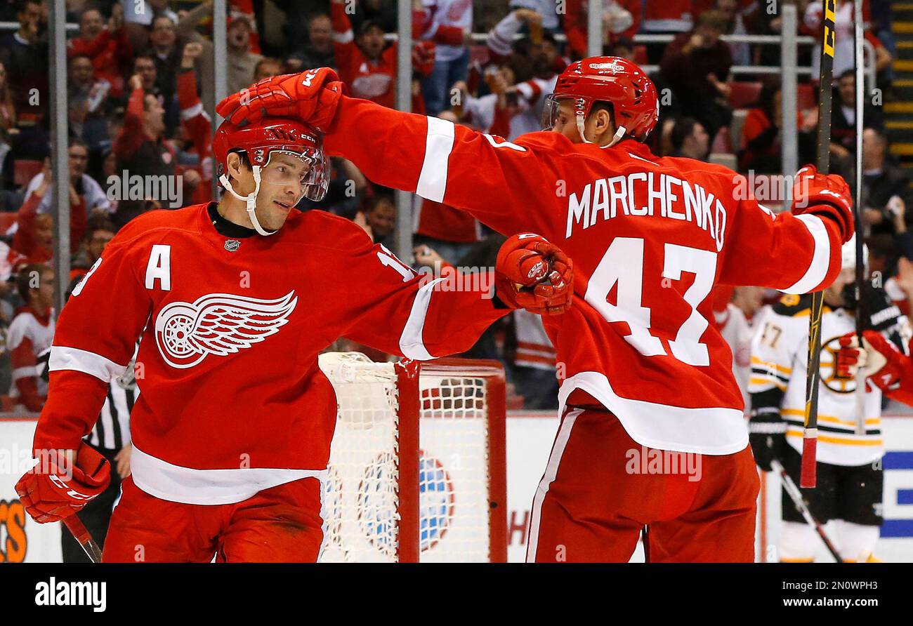 Detroit Red Wings center Pavel Datsyuk (13) celebrates his goal against ...