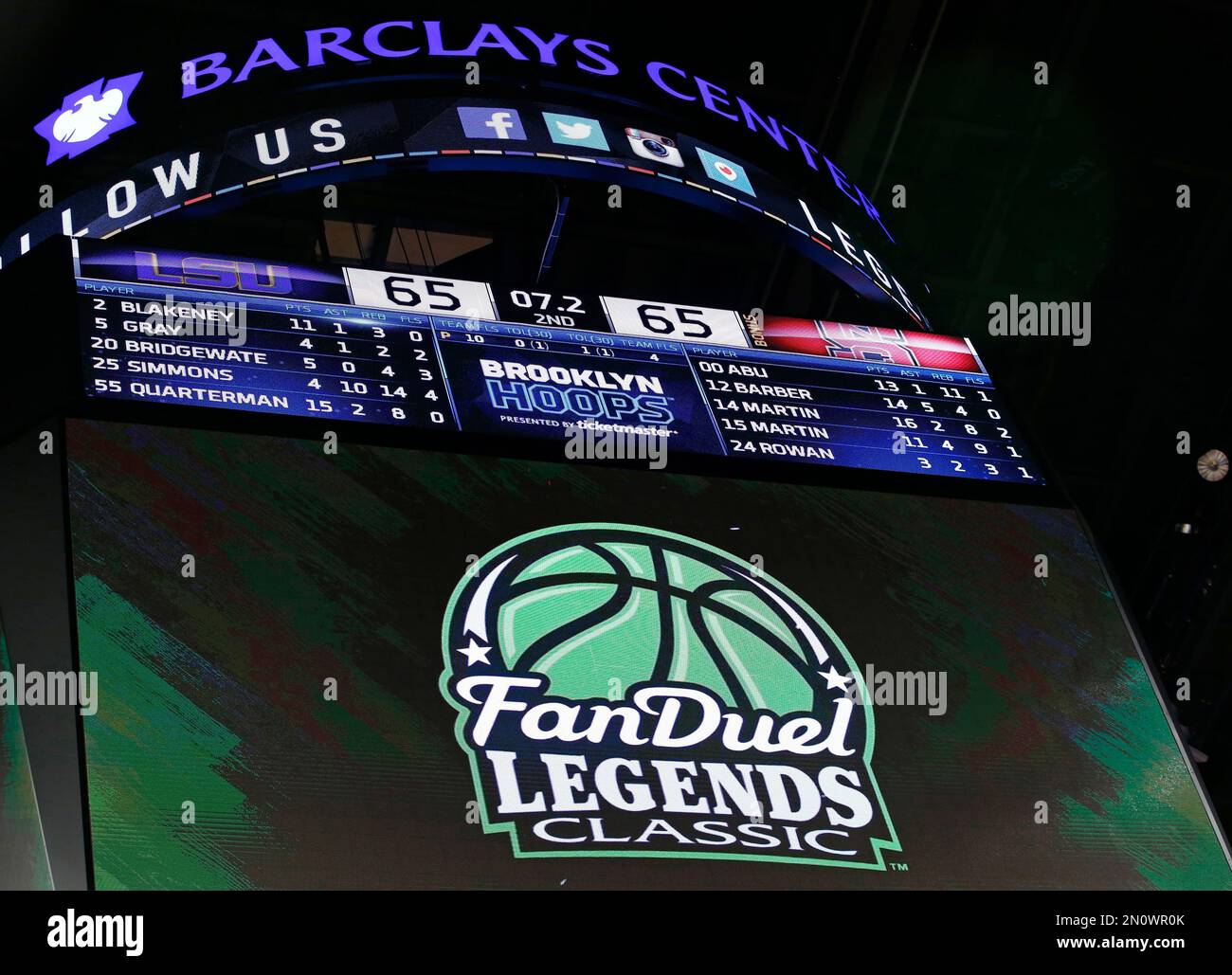 The FanDuel logo is shown on the scoreboard for an NCAA college ...