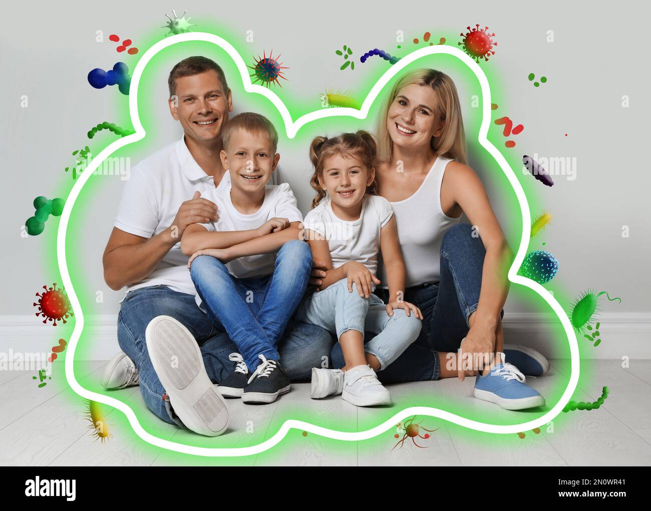 Strong immunity - healthy family. Happy parents with children protected ...