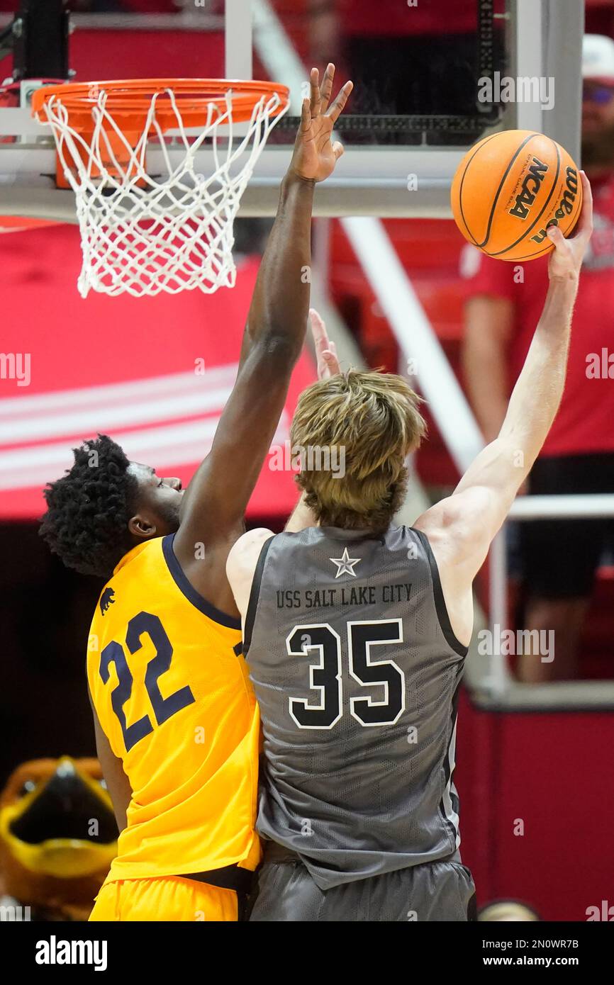 Utah center Branden Carlson (35) shoots as California forward ND Okafor ...