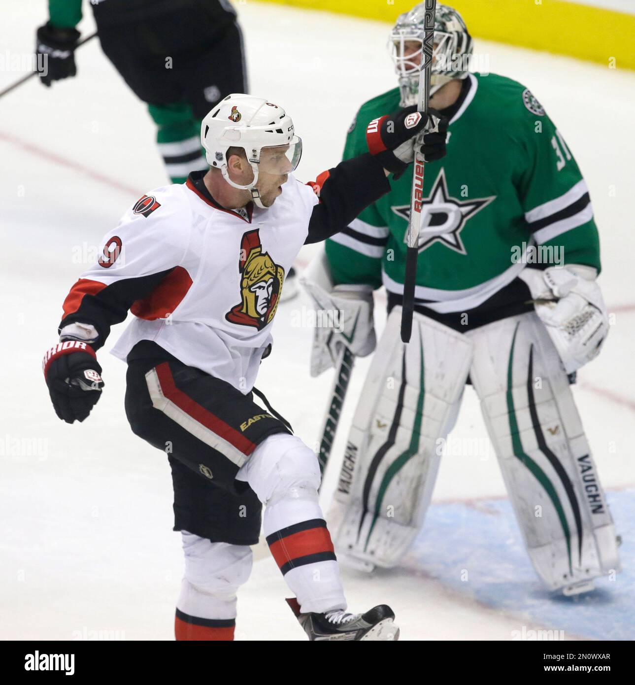 Ottawa Senators left wing Milan Michalek (9) celebrates scoring a goal ...