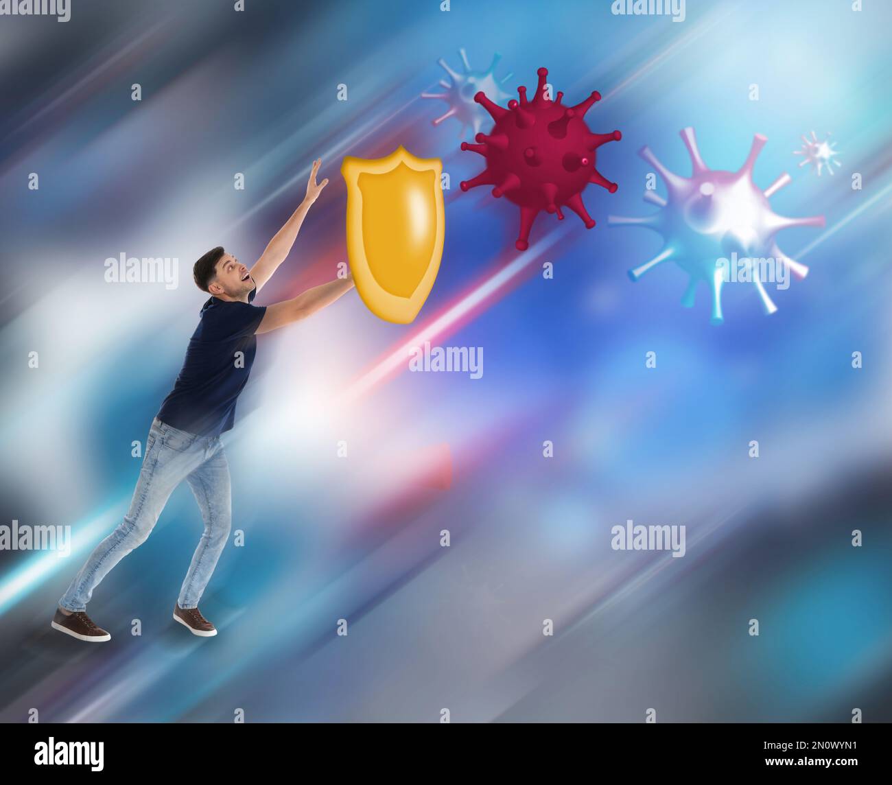 Be healthy - boost your immunity. Man blocking viruses with shield ...