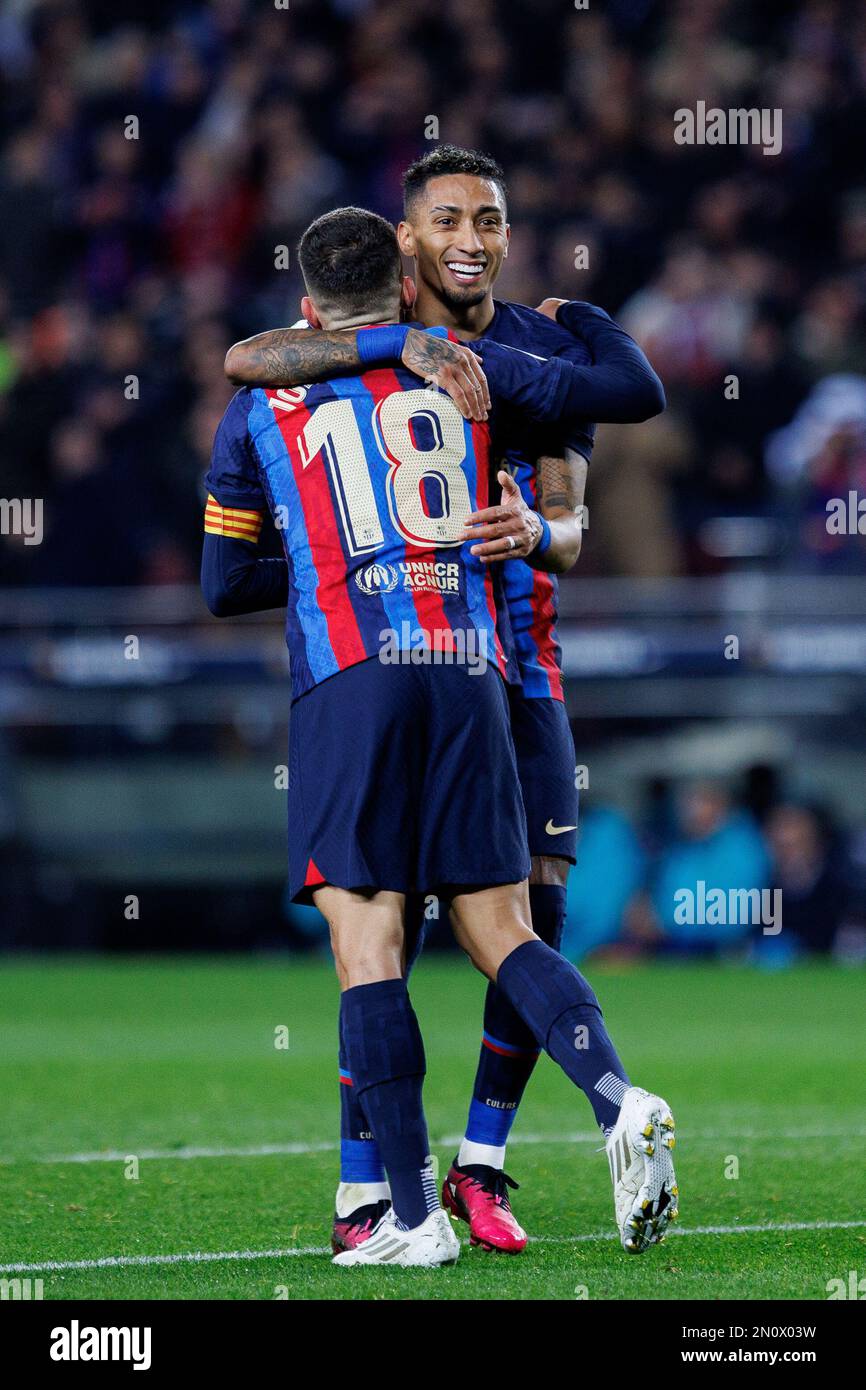 Barcelona, Spain. 5th Feb, 2023. Jordi Alba and Raphinha celebrate ...