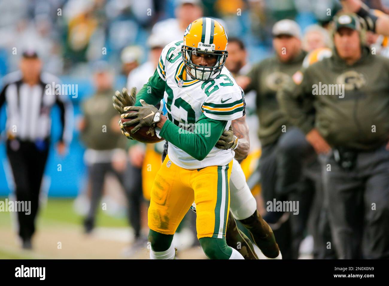 Green Bay Packers cornerback Damarious Randall (23) works to control an ...