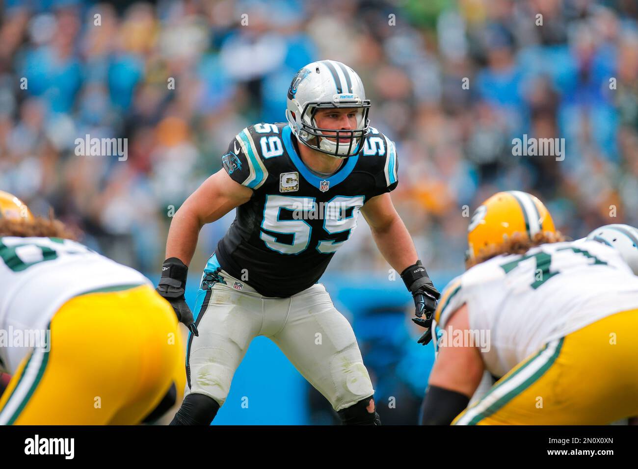 Carolina Panthers middle linebacker Luke Kuechly (59) in action Green ...
