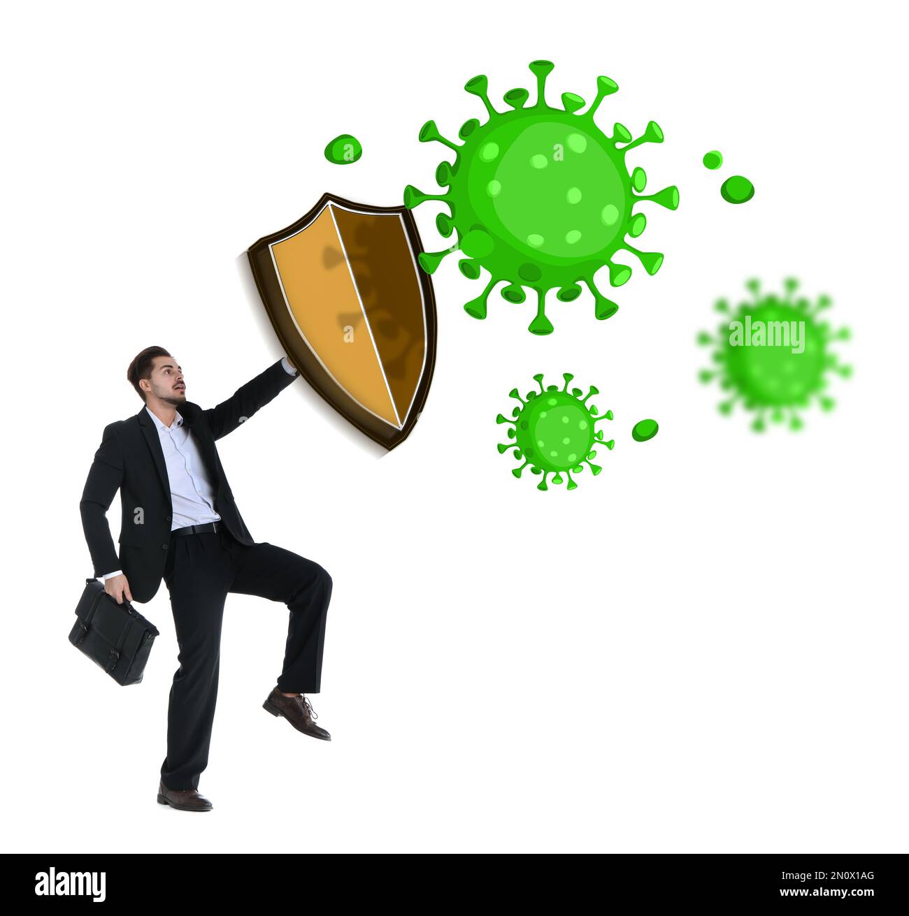 Be healthy - boost your immunity. Man blocking viruses with shield ...