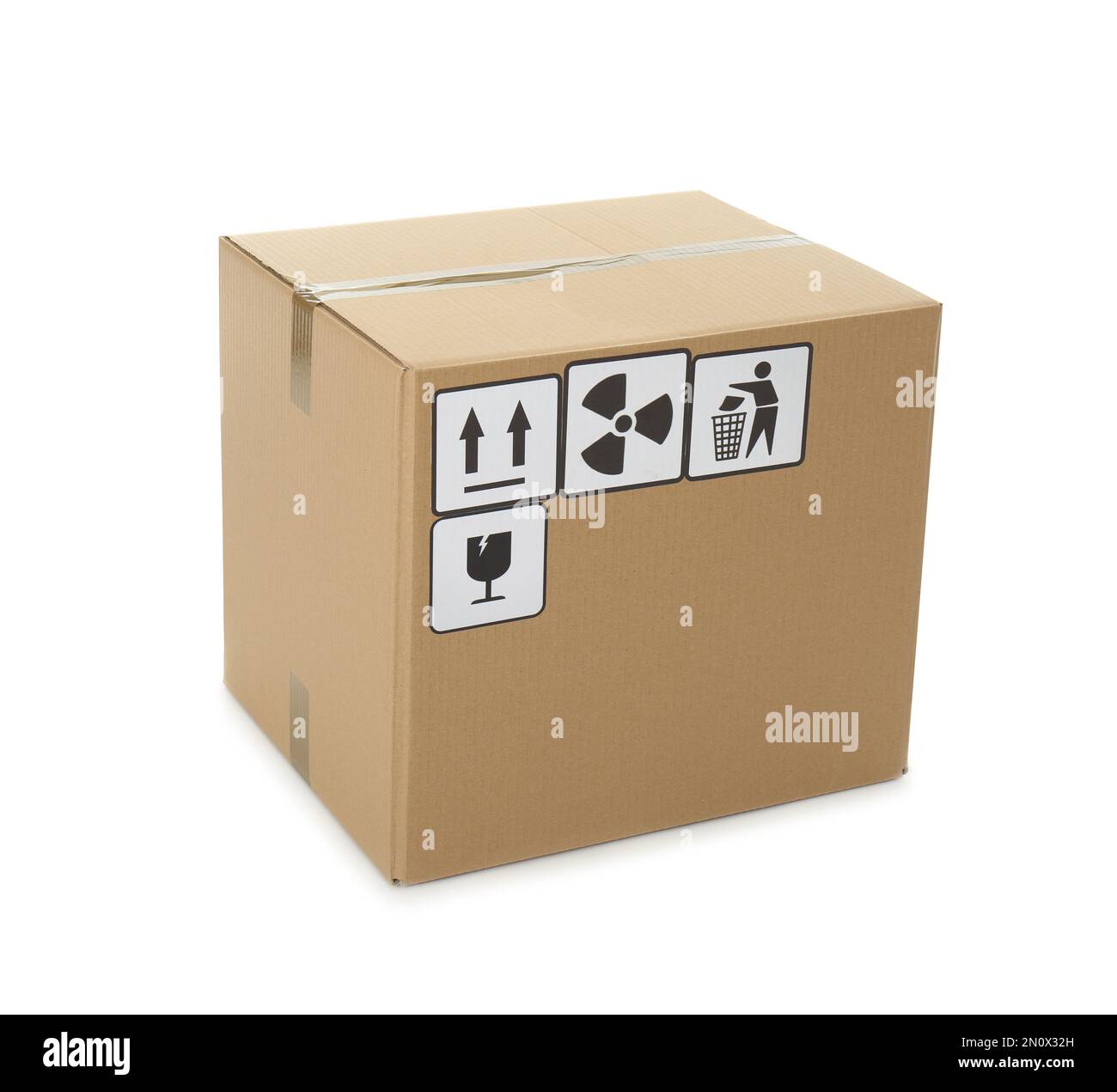 Cardboard box with different packaging symbols isolated on white ...