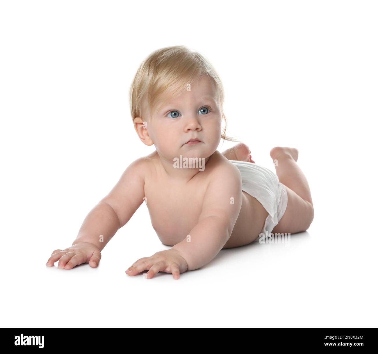 Cute little baby in diaper on white background Stock Photo - Alamy