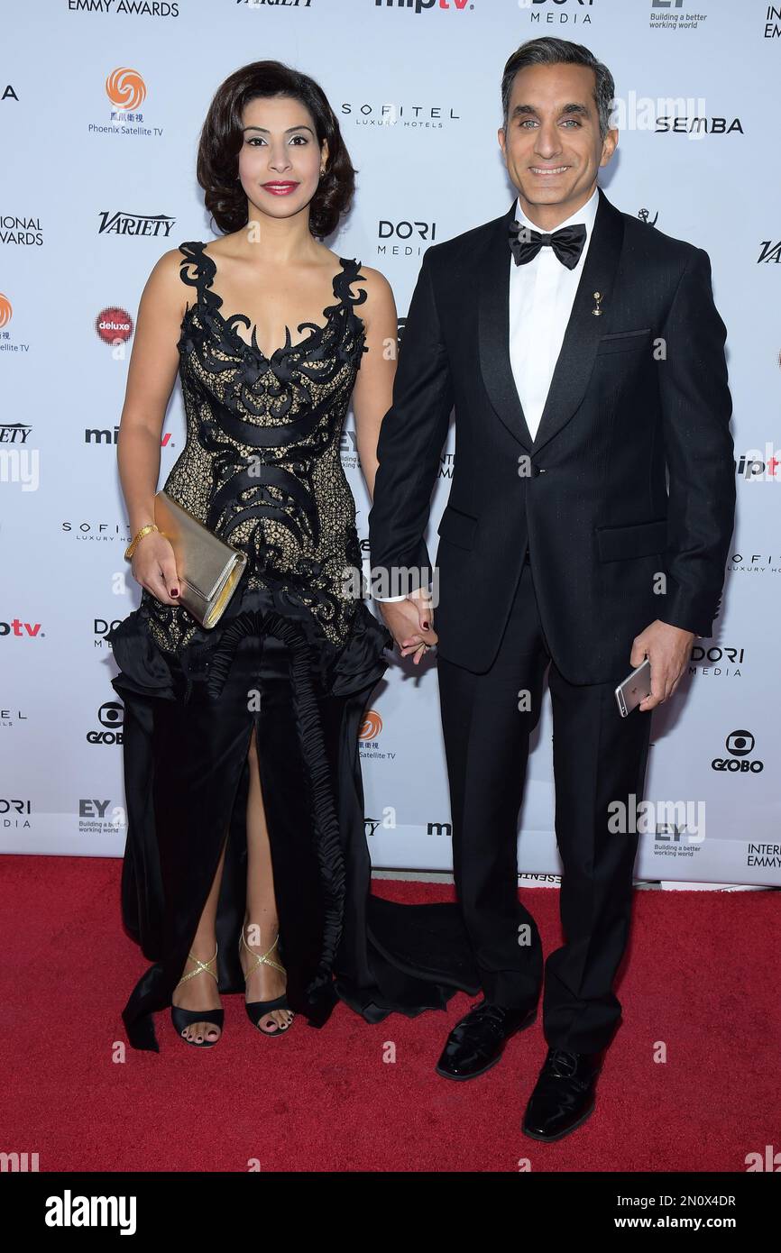Bassem Youssef, right, and Hala Diab attend the 43rd International Emmy Awards at the New York ...
