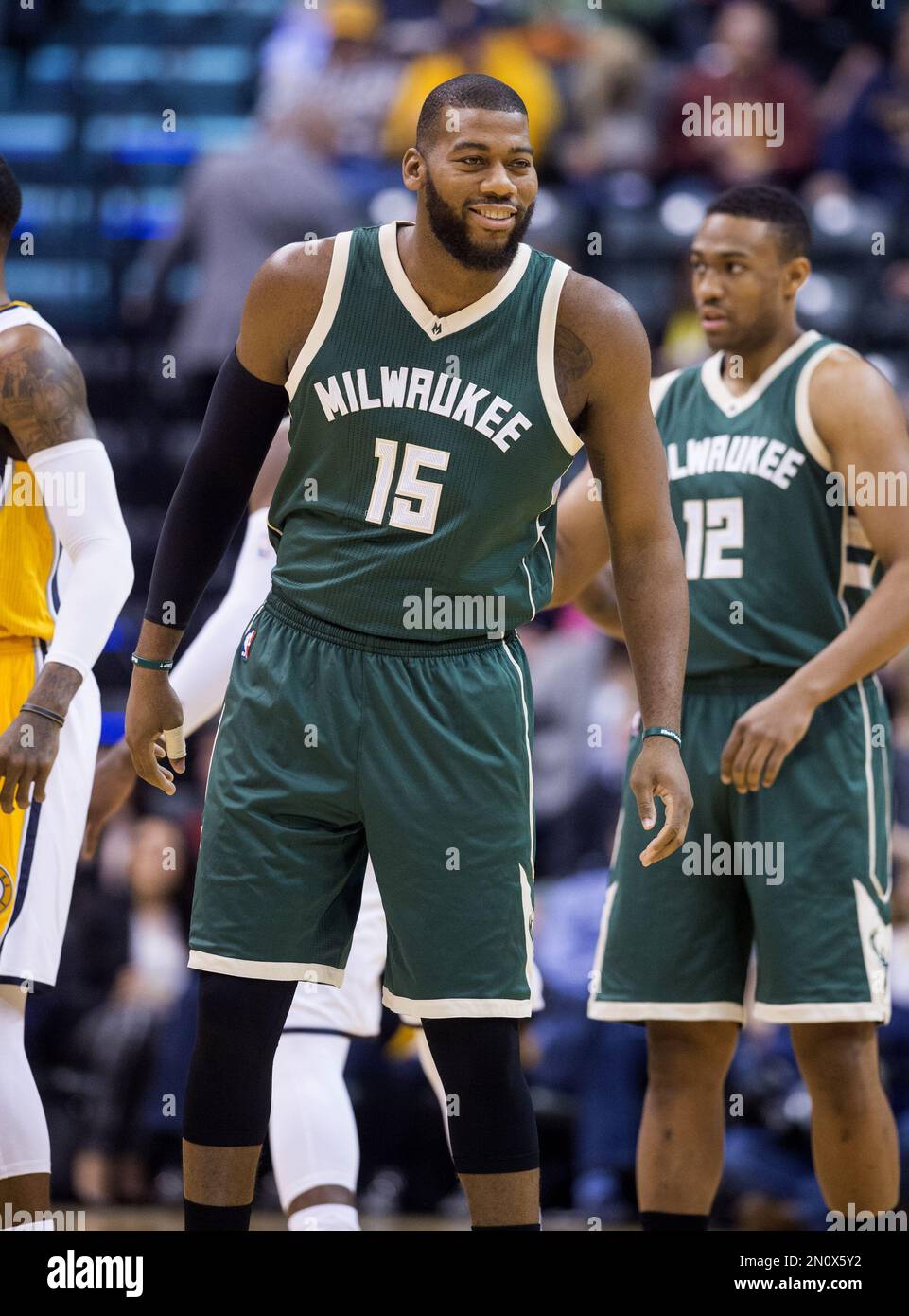 Milwaukee Bucks center Greg Monroe (15) reacts toward his team's bench ...