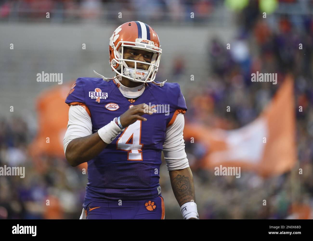 Clemson quarterback Deshaun Watson (4) gestures to the sideline during ...