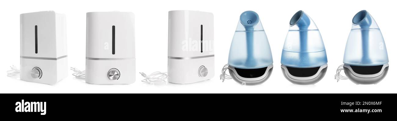 Collage with two modern air humidifiers on white background, view from ...