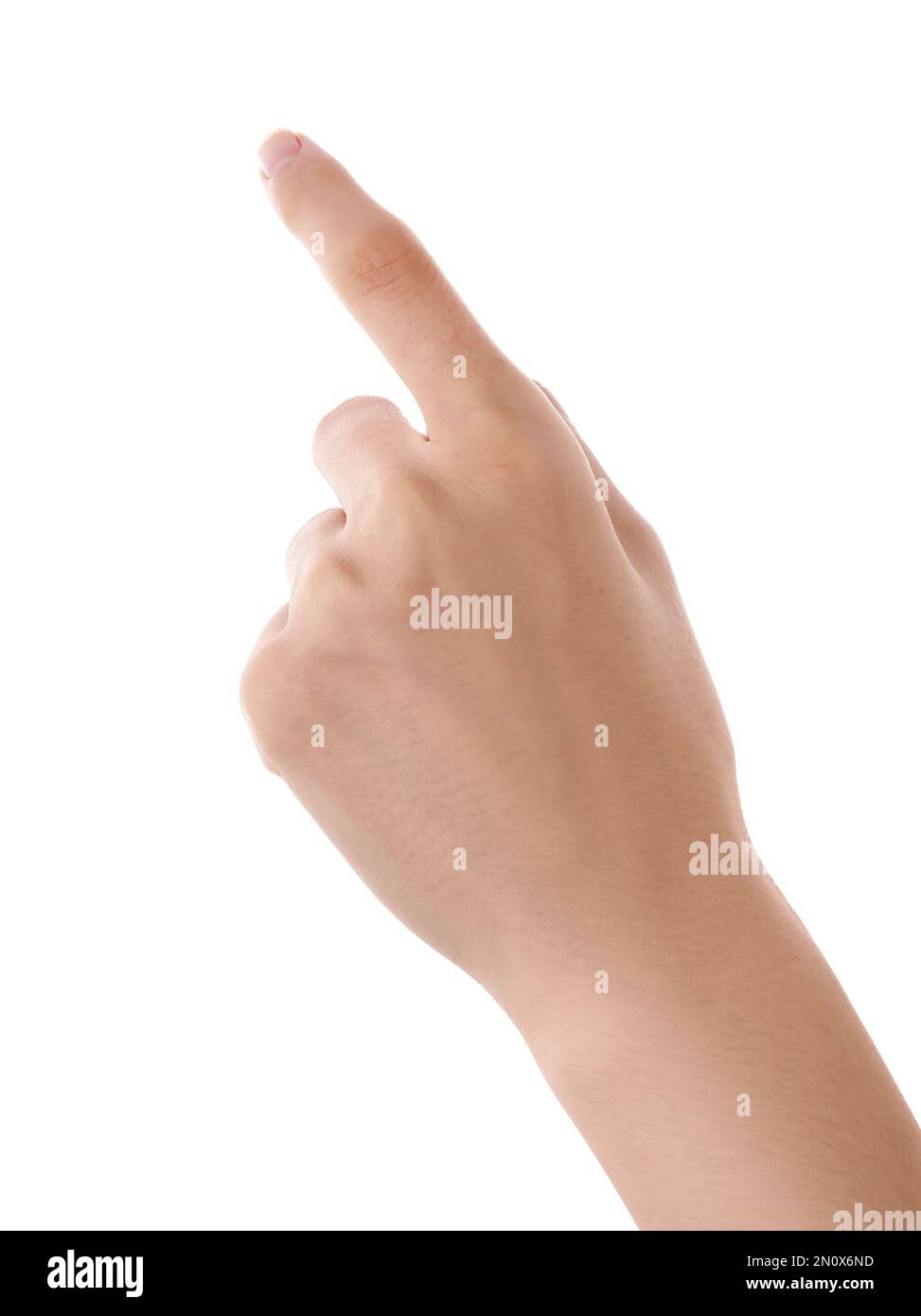 Woman pointing at something on white background, closeup of hand Stock ...