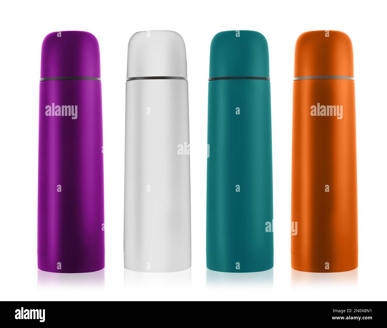 Set of modern thermoses in different colors on white background Stock ...