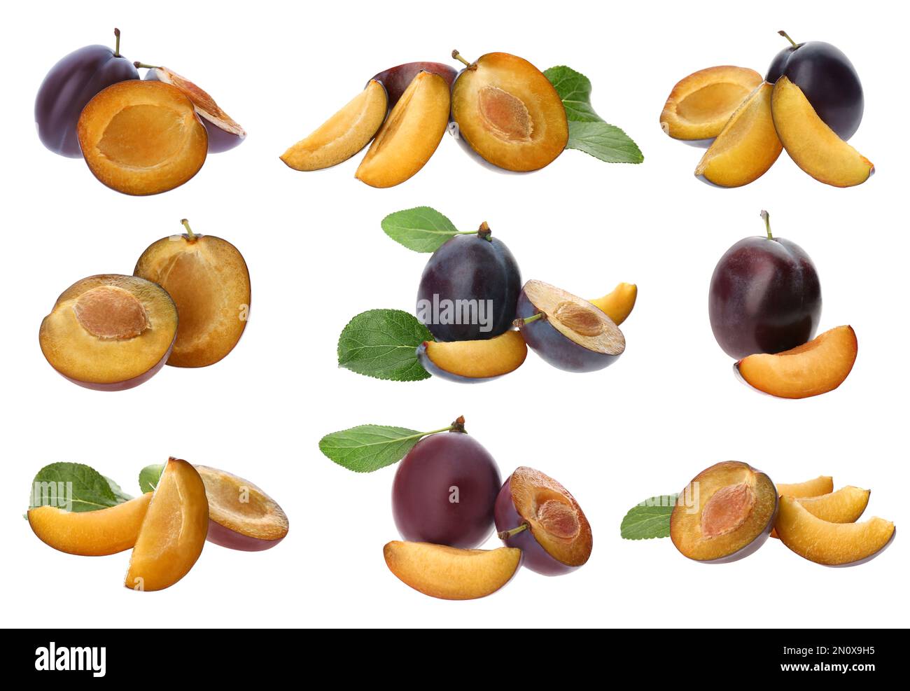 Set of fresh ripe plums on white background Stock Photo - Alamy