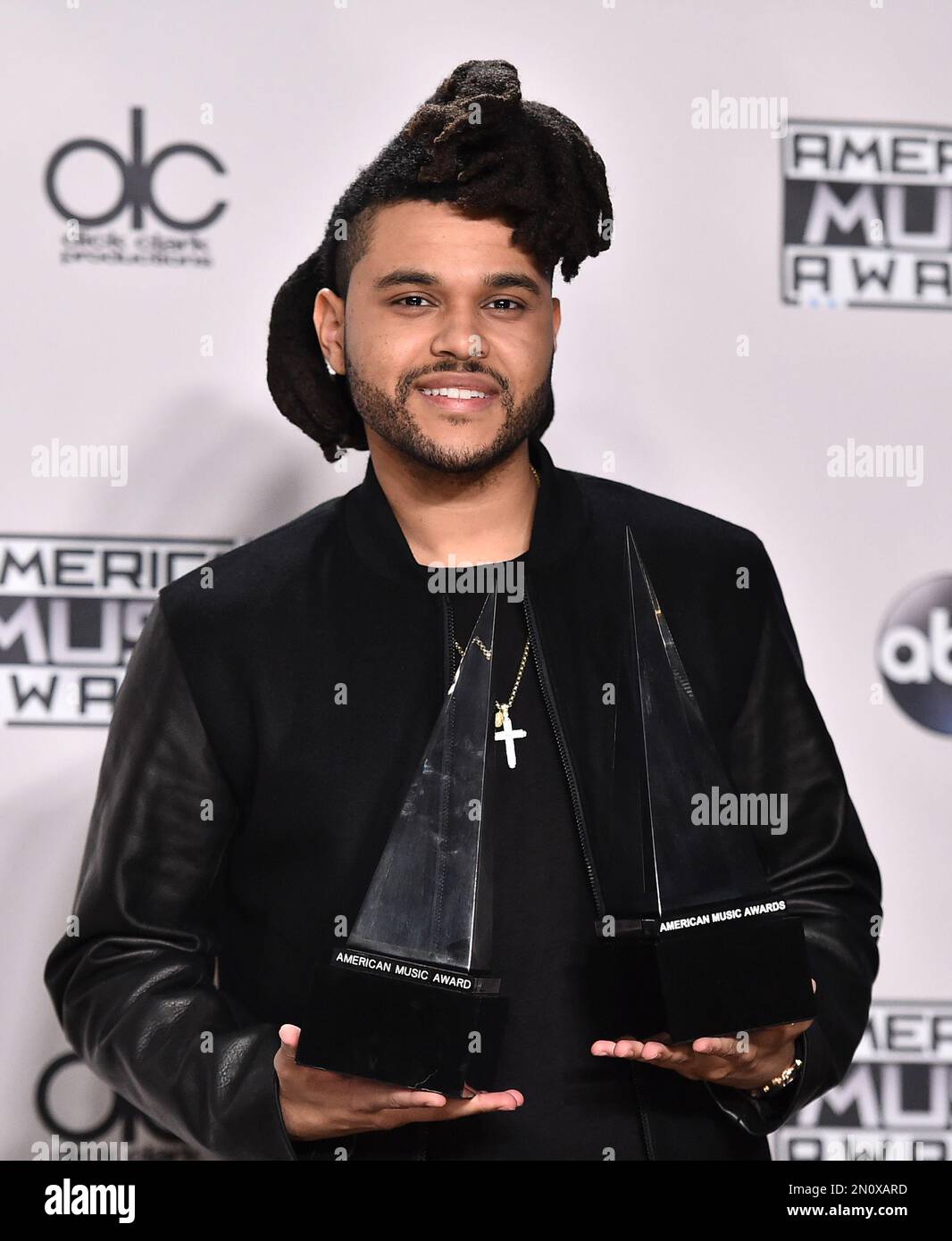 The Weeknd poses in the press room with the awards for best soul/R&B ...