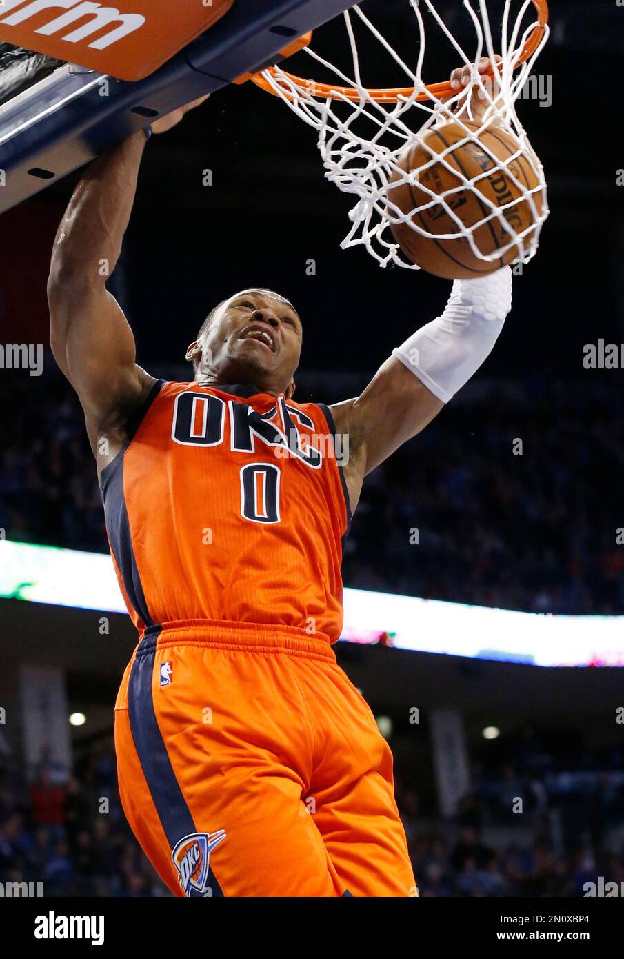 Oklahoma City Thunder guard Russell Westbrook dunks during the fourth ...