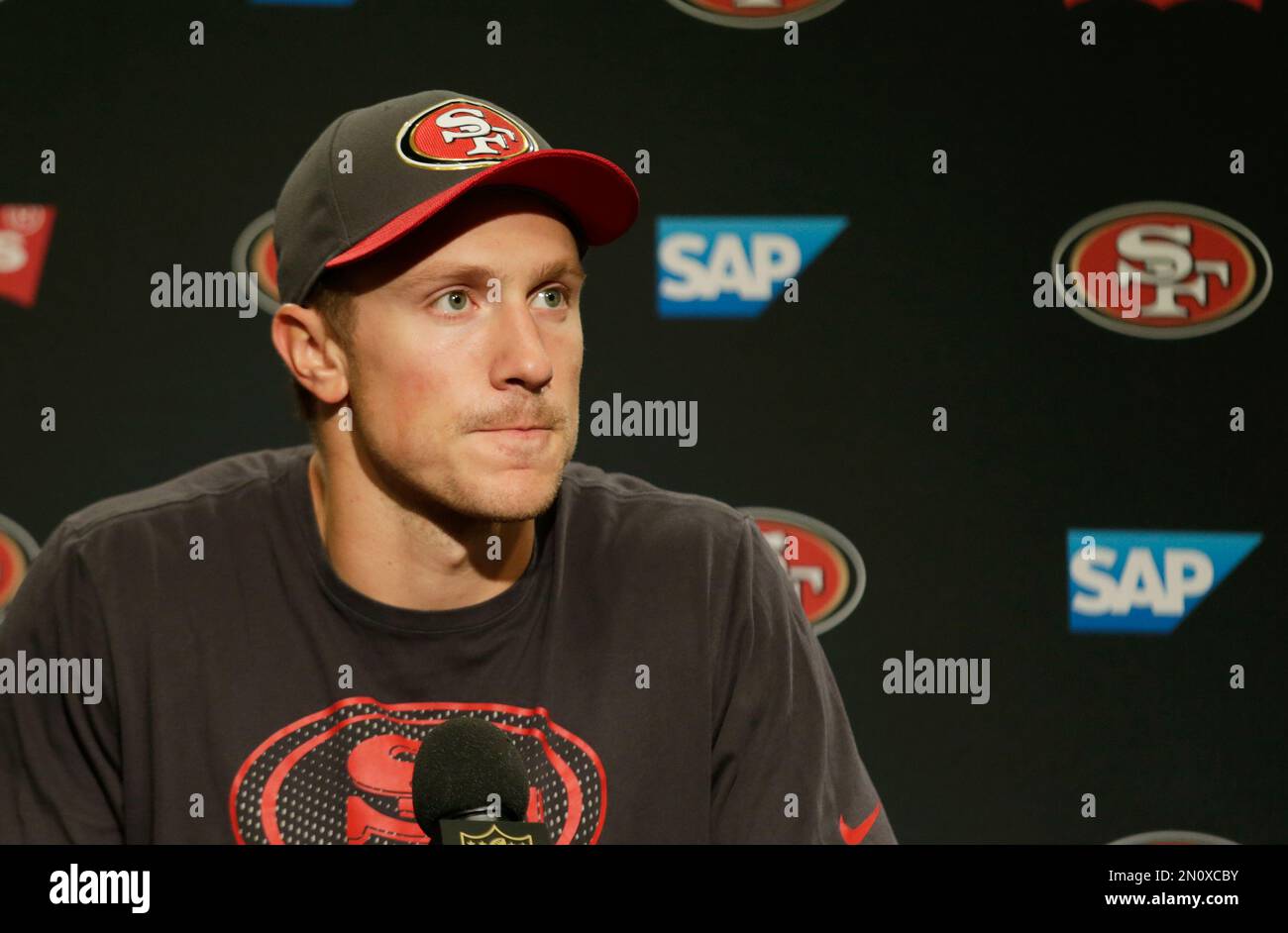 San Francisco 49ers quarterback Blaine Gabbert talks to reporters after ...