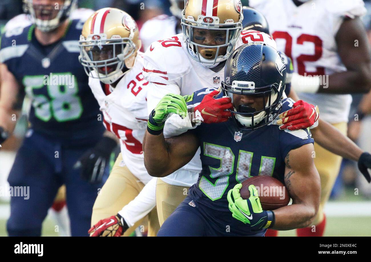 Seattle Seahawks running back Thomas Rawls (34) is tackled by San ...
