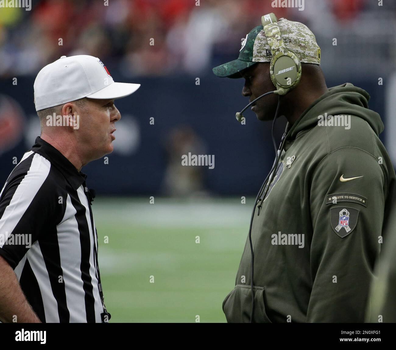 New York Jets head coach Todd Bowles talks with referee John Parry (132 ...