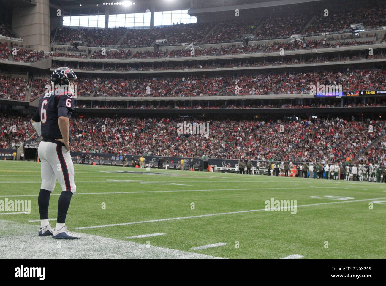 Houston Texans quarterback T.J. Yates (6) watches the action during the ...