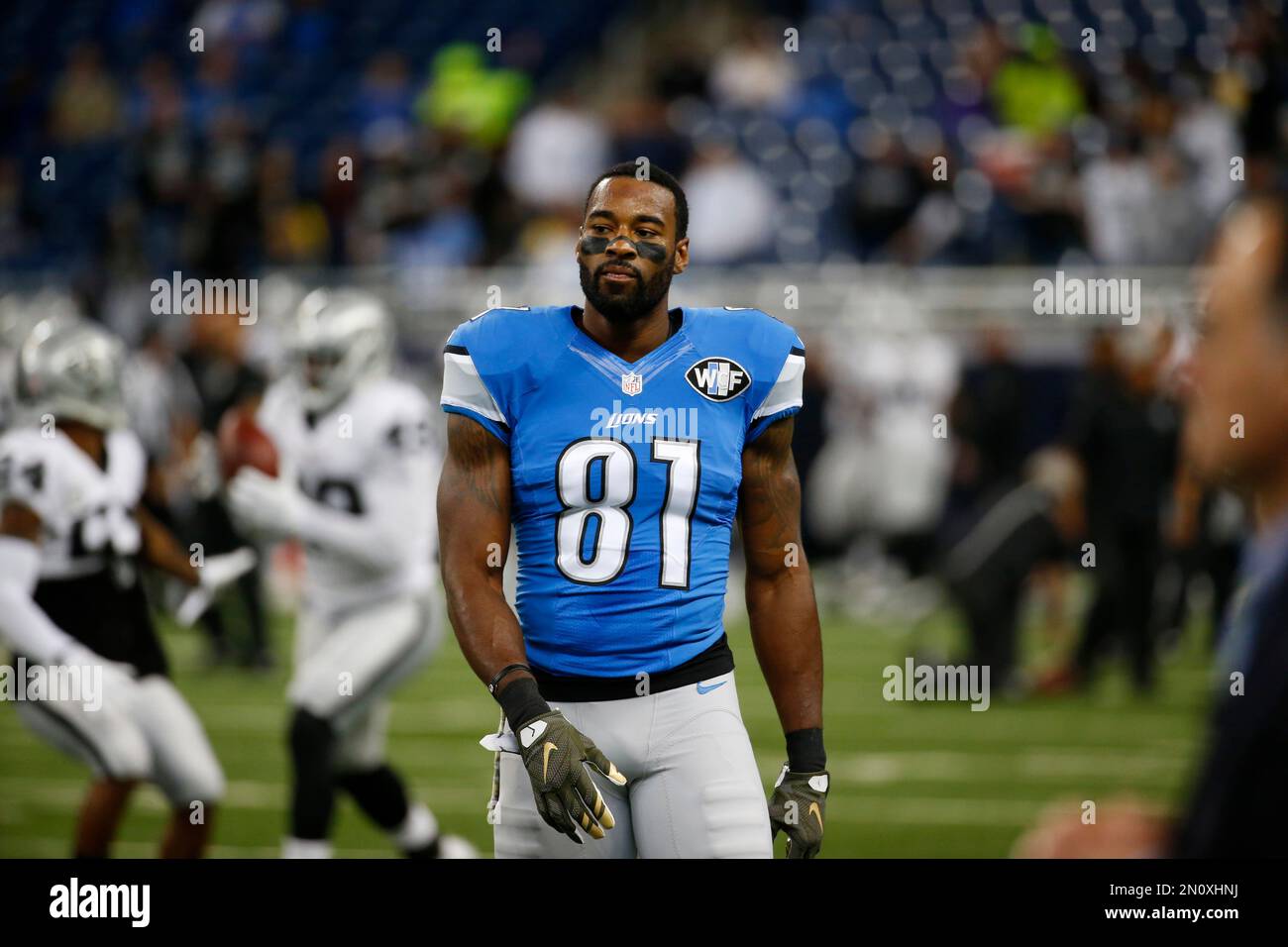 Detroit Lions wide receiver Calvin Johnson (81) walks on the field ...