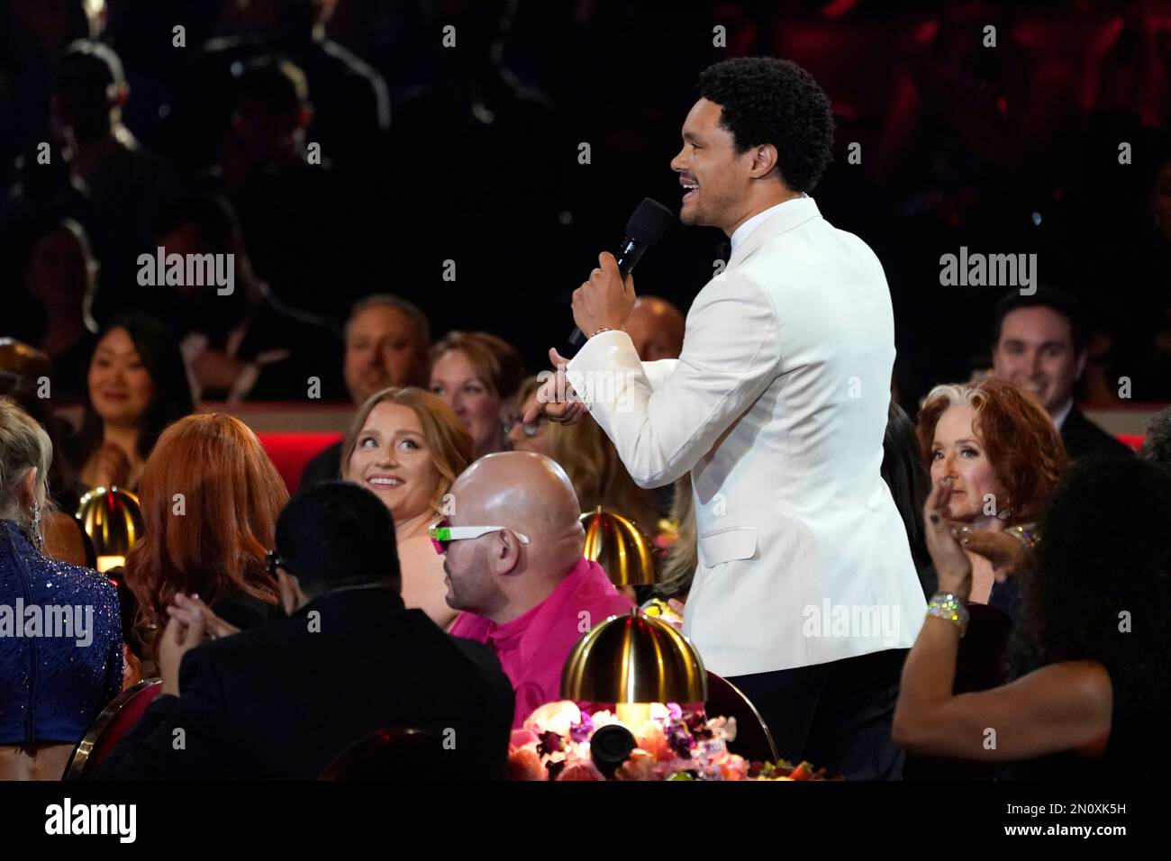 Host Trevor Noah appears in the audience at the 65th annual Grammy Awards on Sunday, Feb. 5 ...
