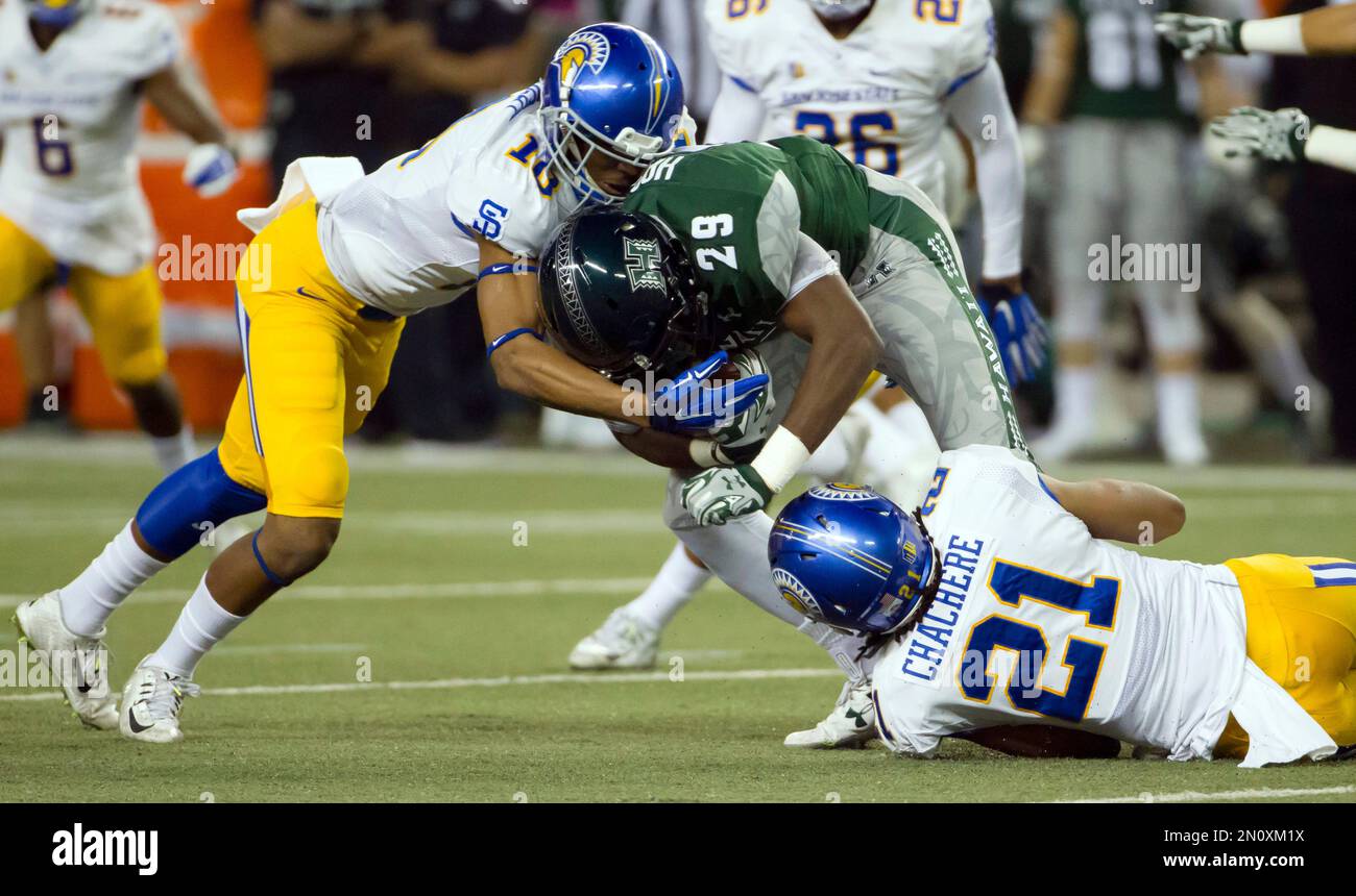 San Jose State safety Maurice McKnight (10) and his teammate cornerback ...