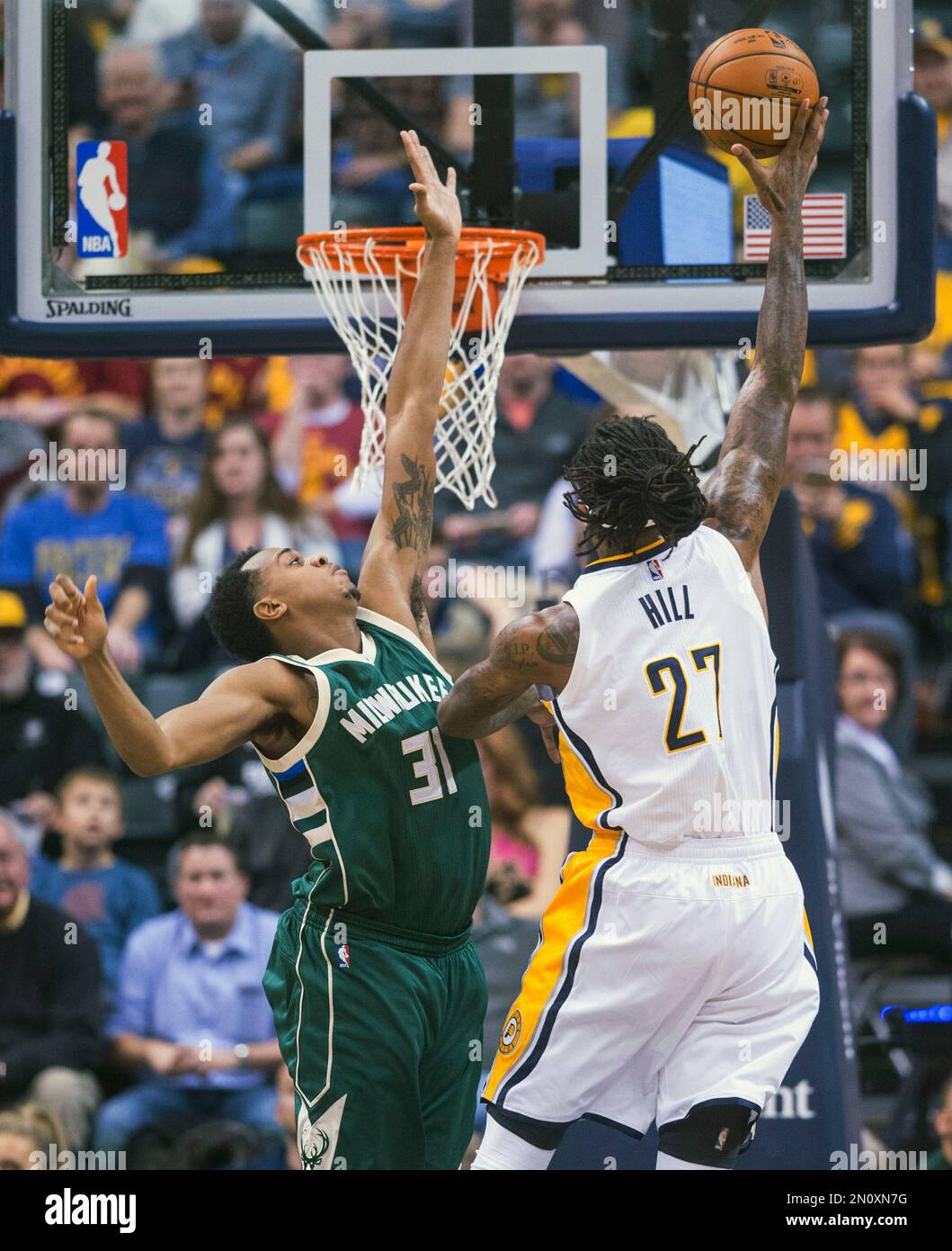 Indiana Pacers center Jordan Hill (27) puts up a shot against the ...