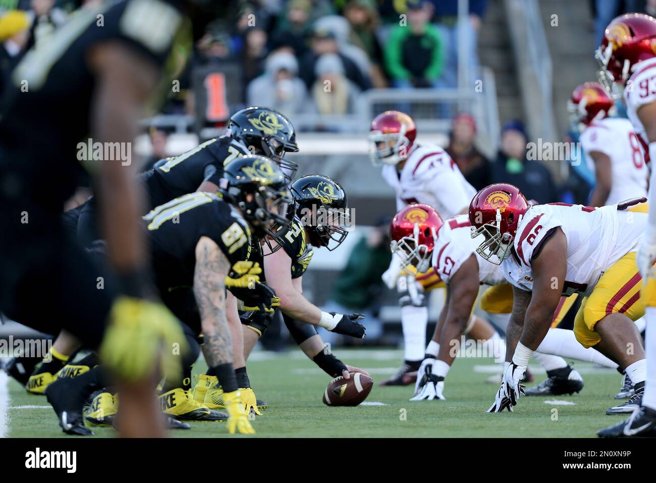 The Oregon offensive line lines up against the Southern California ...