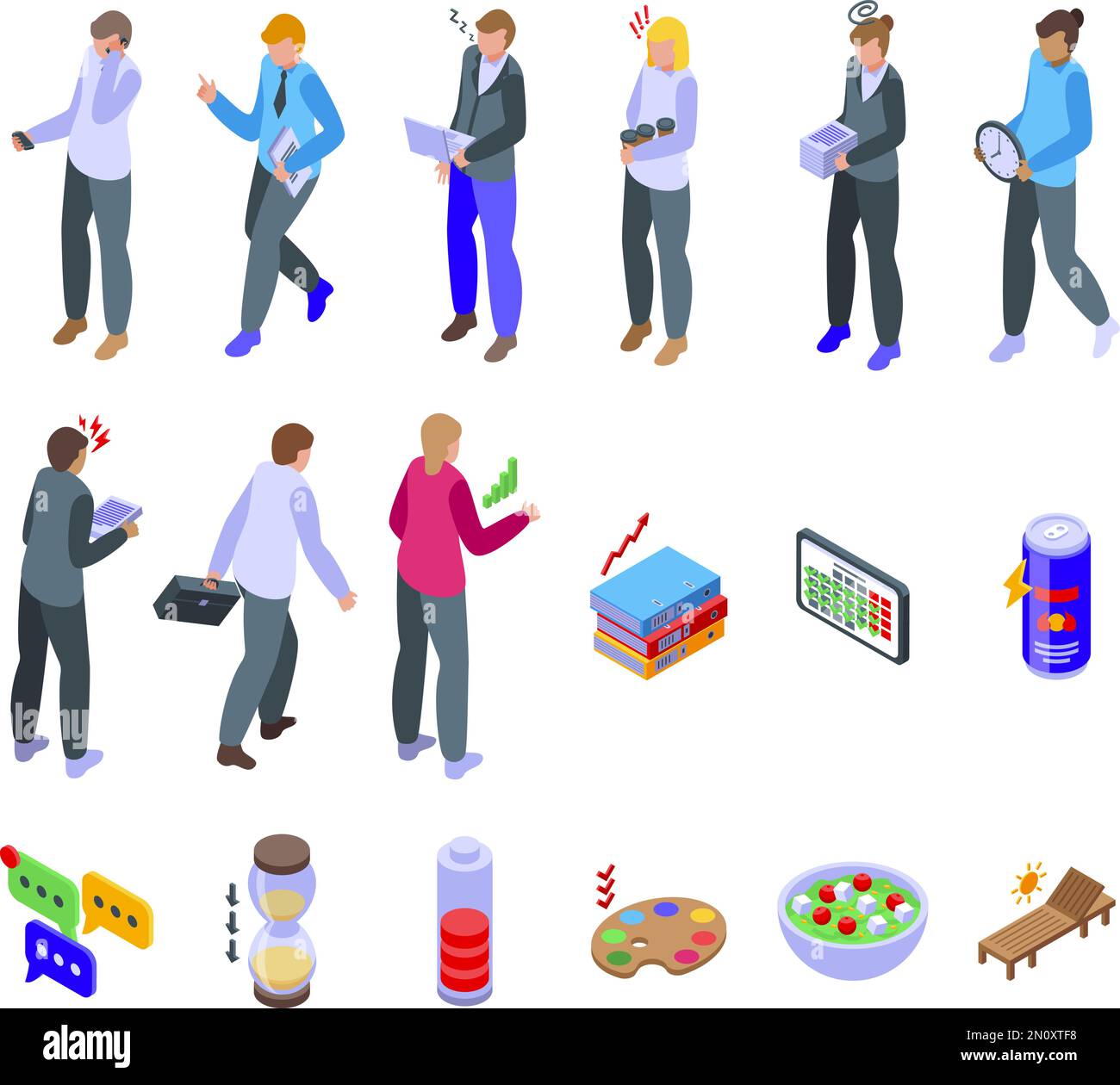 Workaholic icons set isometric vector. Tired woman. Sick bed Stock ...