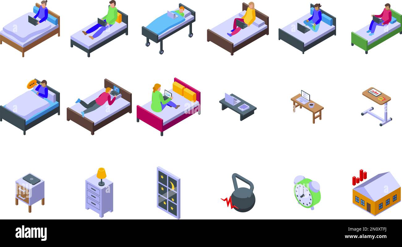 Work in bed icons set isometric vector. Woman laptop. Home rest Stock ...