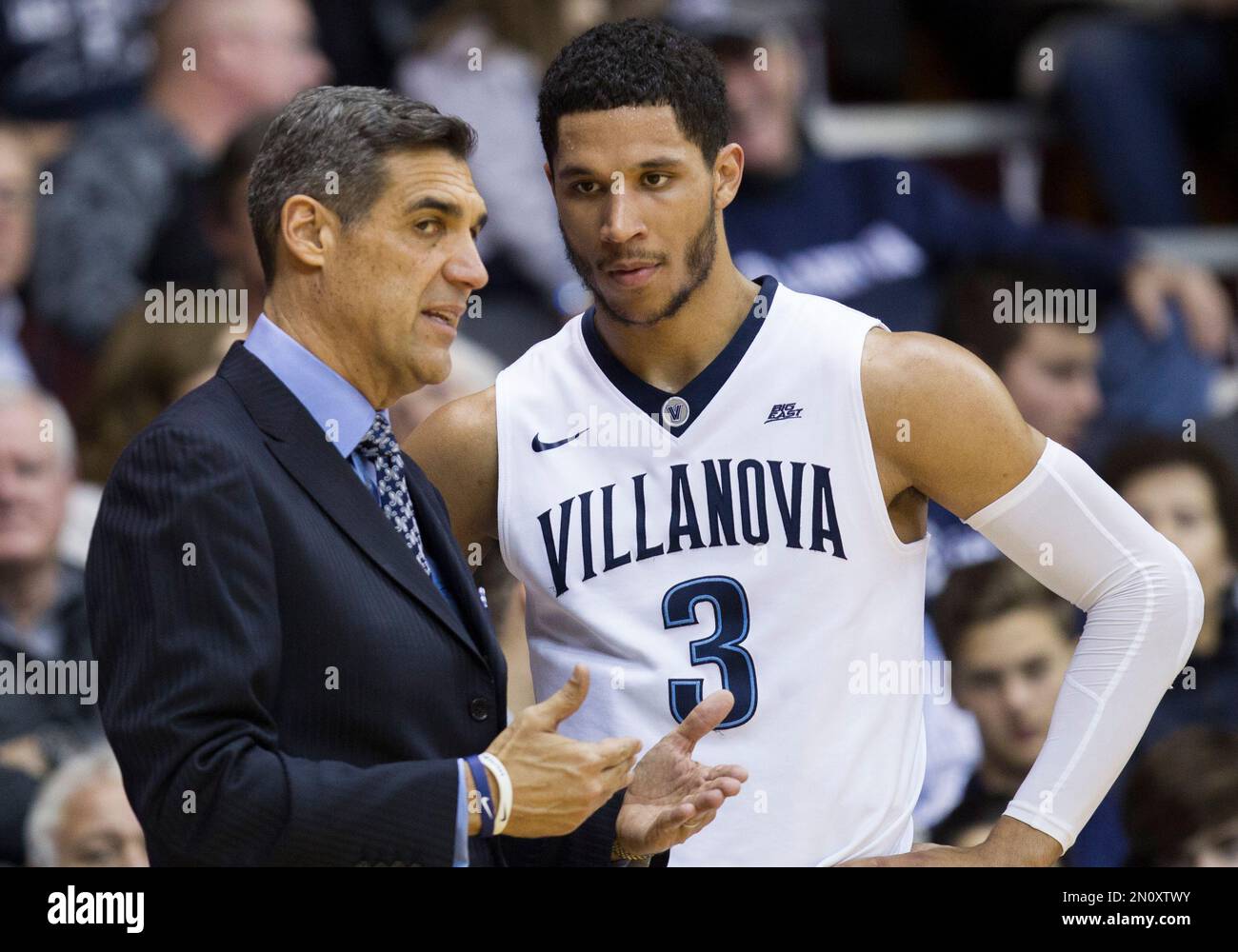 Villanova coach Jay Wright talks with Josh Hart (3) during an NCAA ...