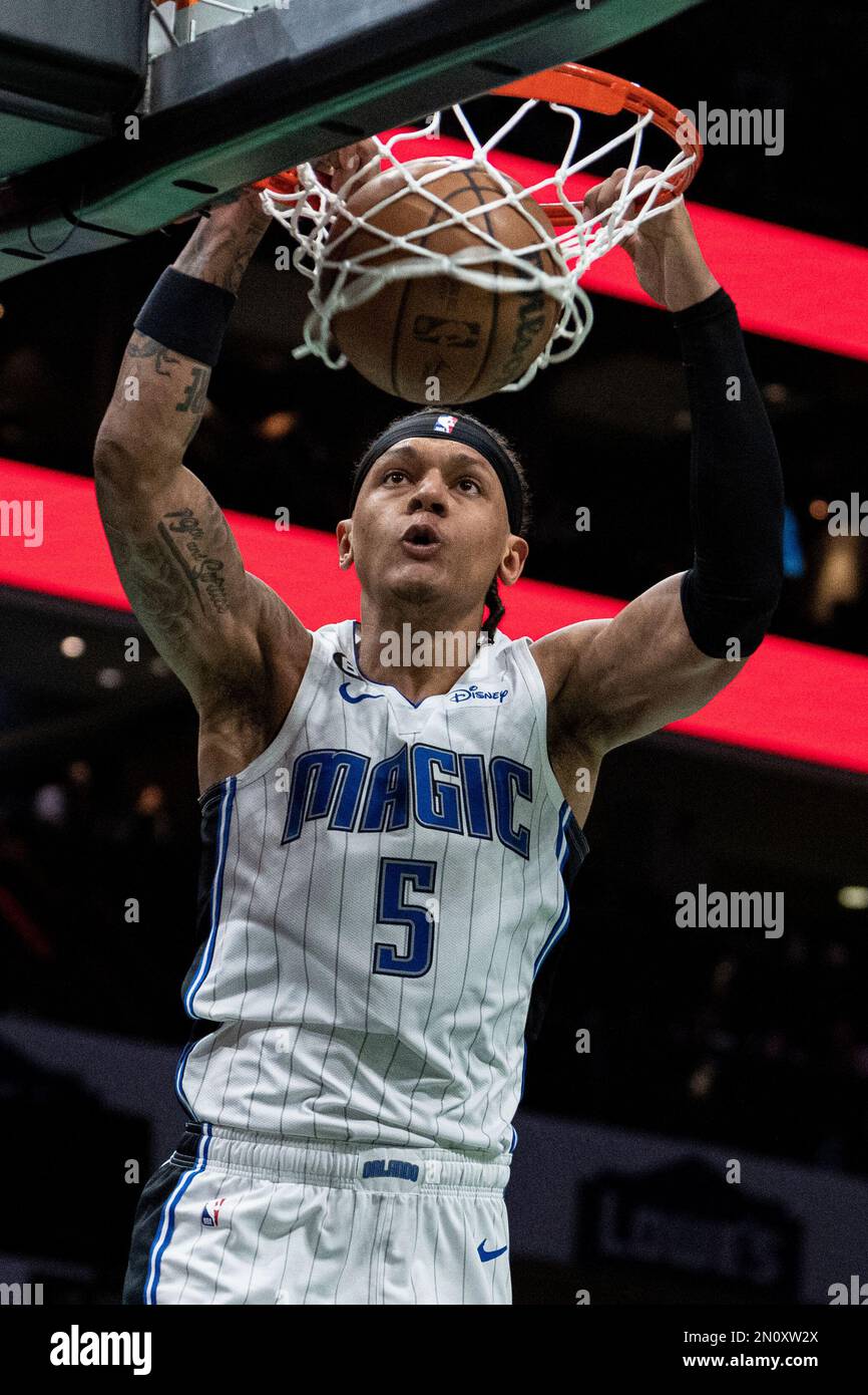 Orlando Magic forward Paolo Banchero (5) dunks the ball against the Charlotte Hornets during the ...