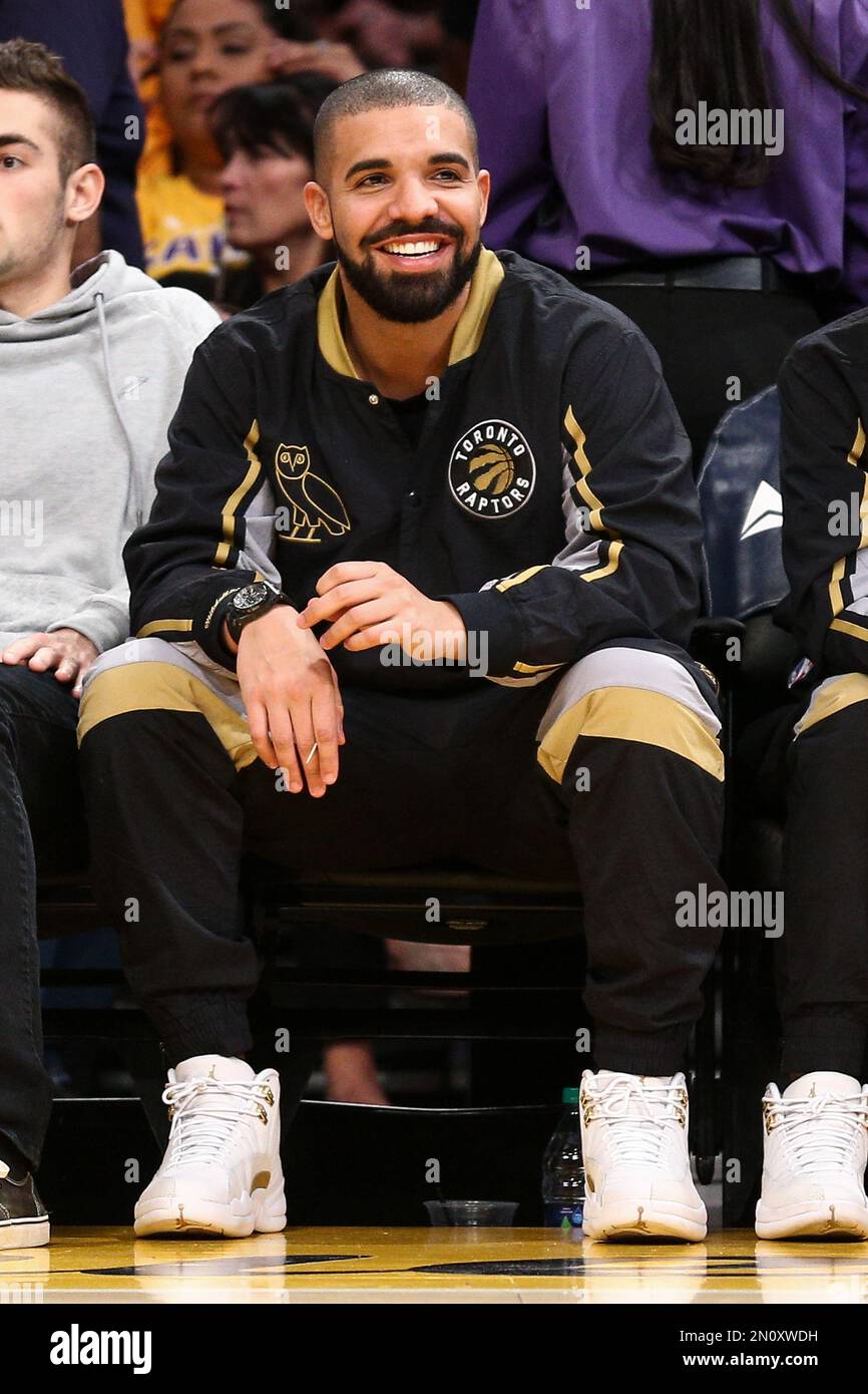 Rapper Drake attends the game between the Los Angeles Lakers vs. the ...