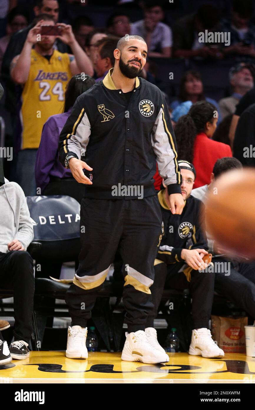 Rapper Drake attends the game between the Los Angeles Lakers vs. the ...