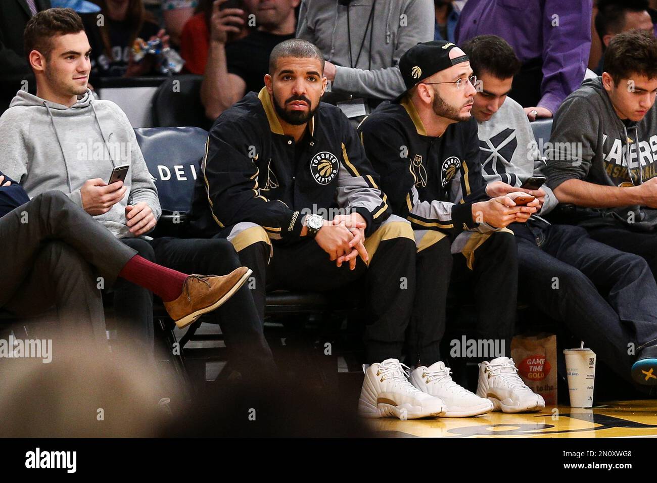 Rapper Drake attends the game between the Los Angeles Lakers vs. the ...
