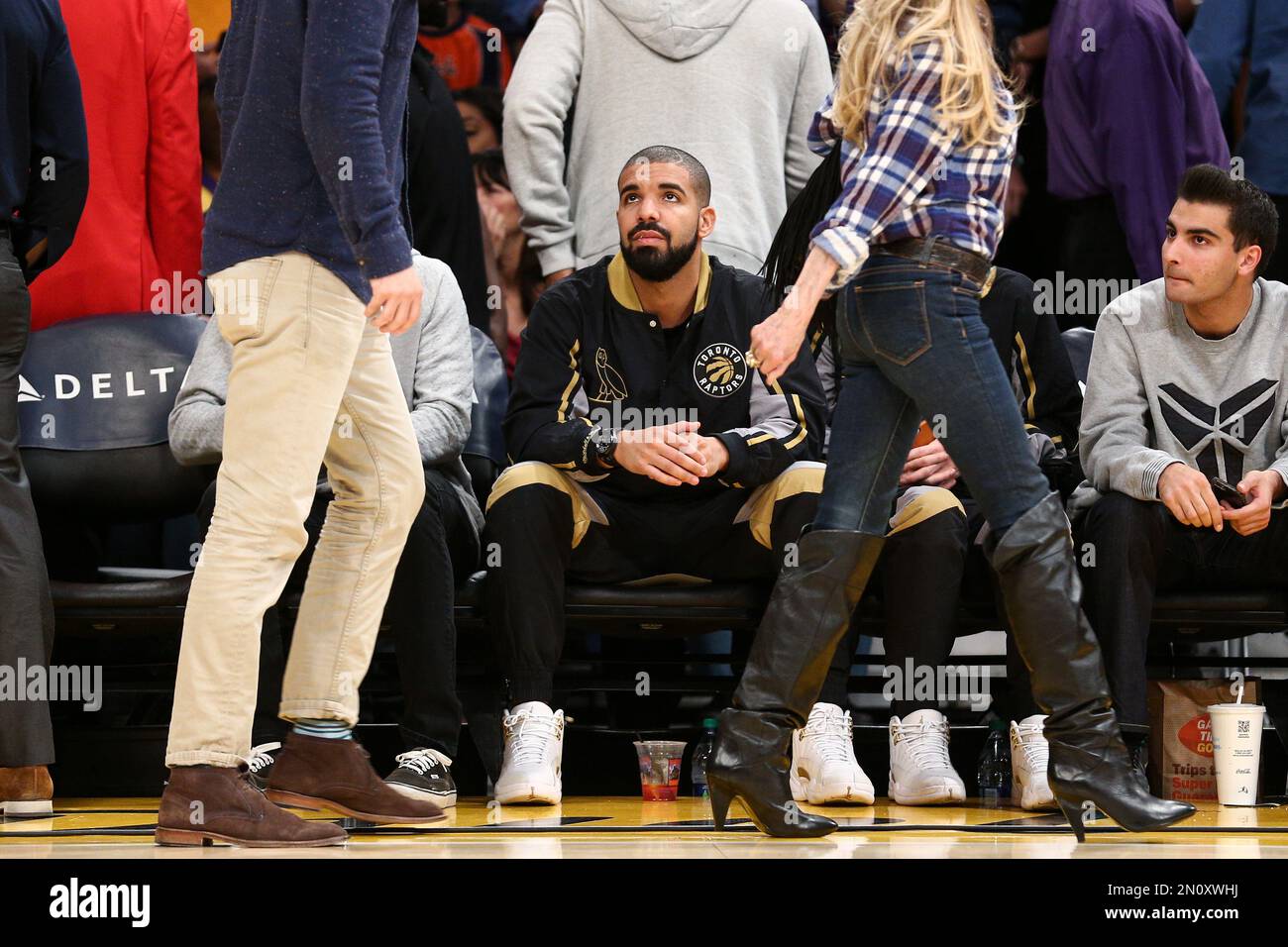 Rapper Drake attends the game between the Los Angeles Lakers vs. the ...