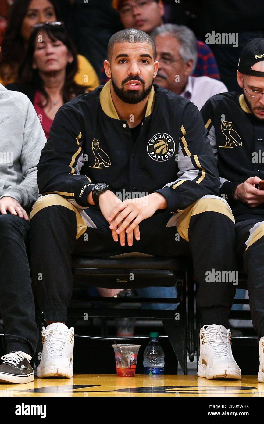Rapper Drake attends the game between the Los Angeles Lakers vs. the ...