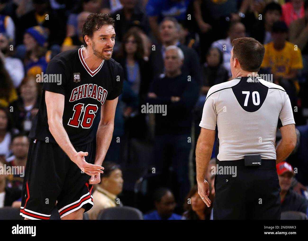 Chicago Bulls center Pau Gasol (16) argues a call with referee Brent ...