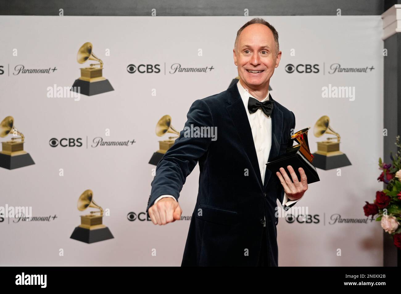 Tom MacDougall poses in the press room with the award for best compilation soundtrack for visual ...