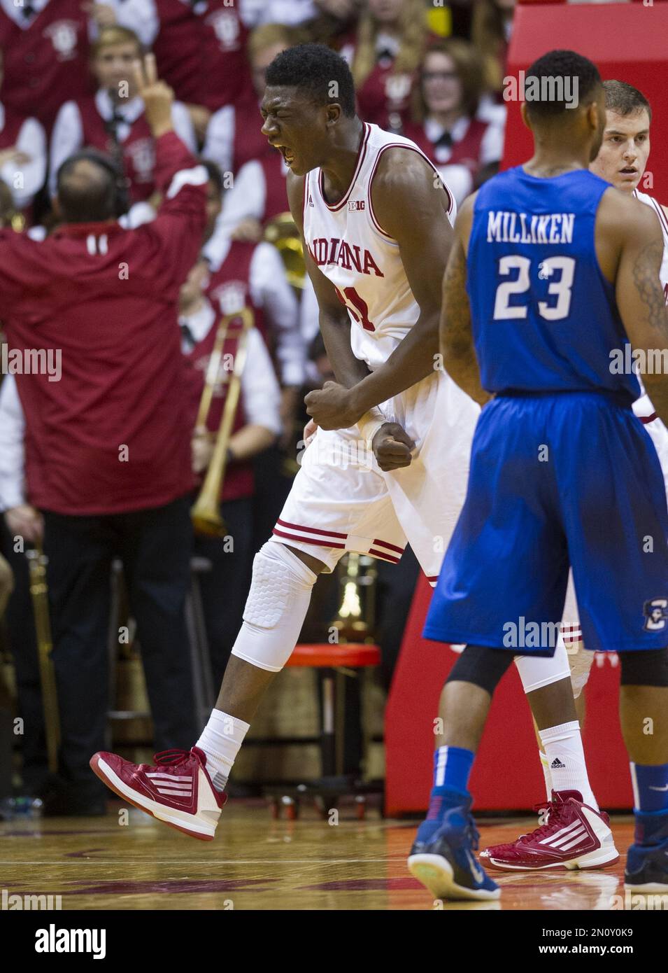 Indiana center Thomas Bryant (31) reacts after stopping a Creighton ...