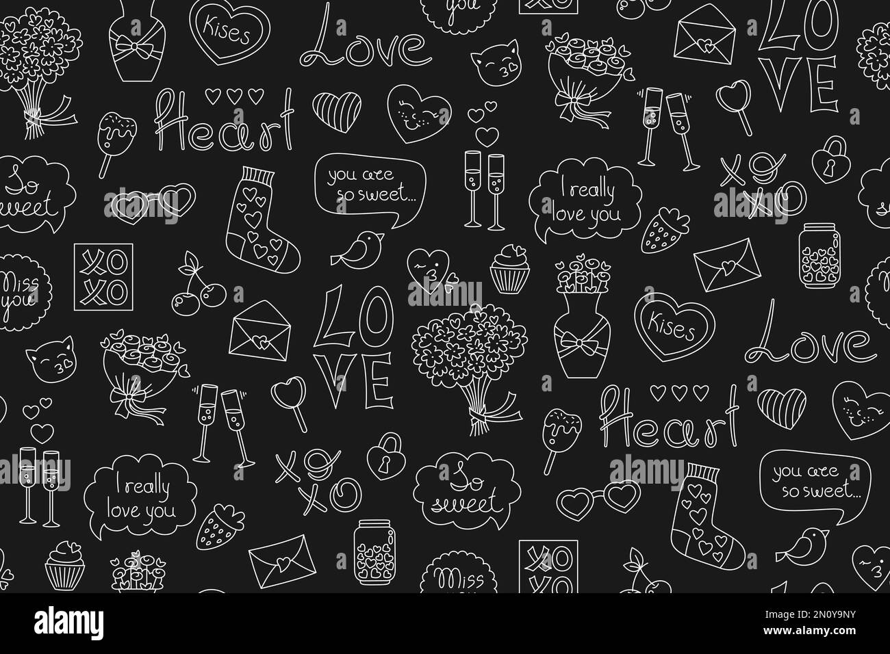 Valentines day linear doodle seamless pattern. Repeat ornament on ...