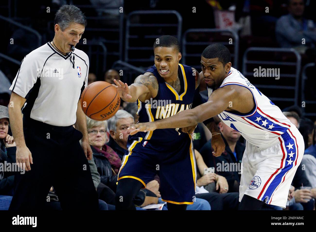 Philadelphia 76ers' Hollis Thompson, right, and Indiana Pacers' Joe ...