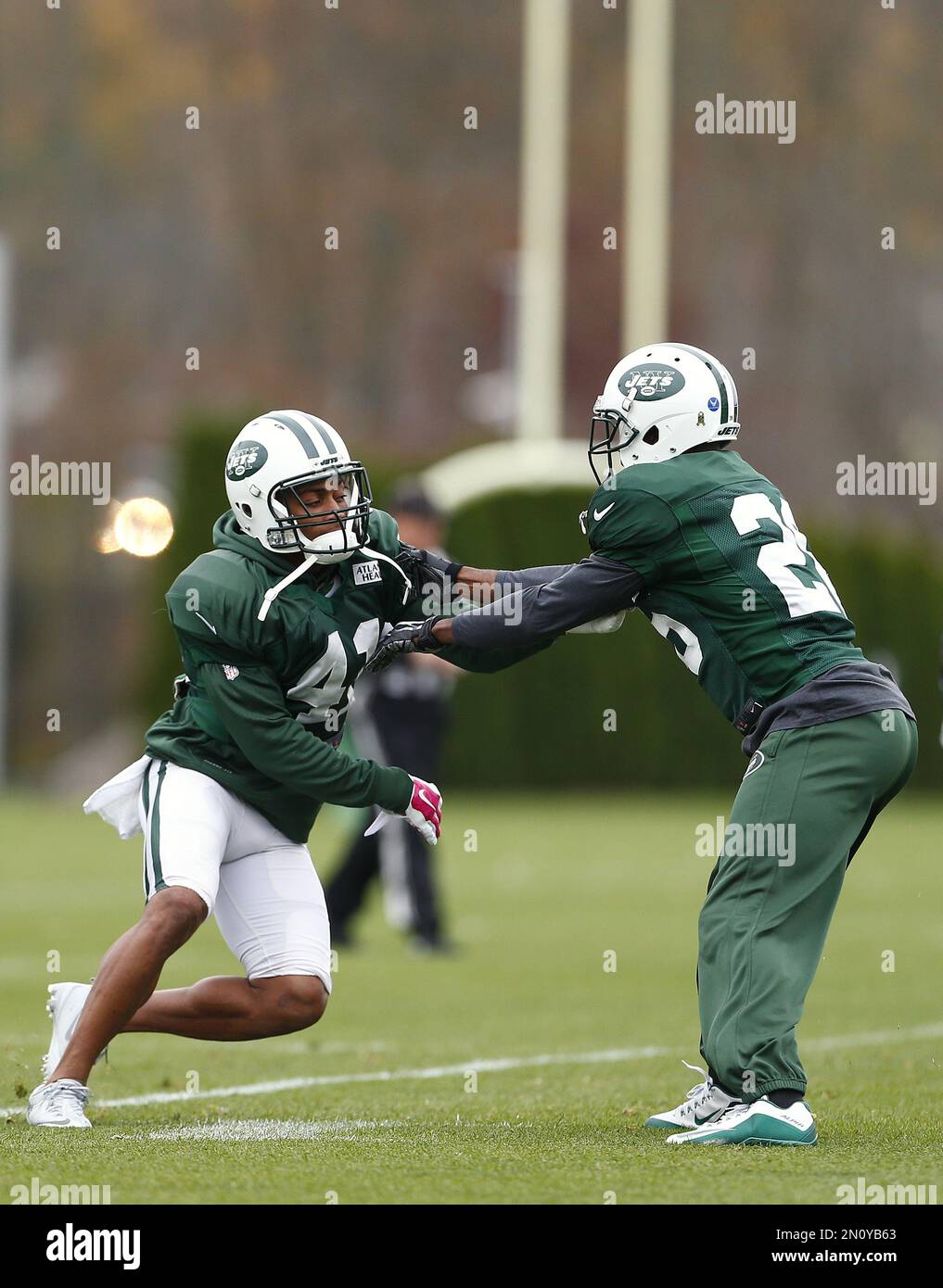 New York Jets' Buster Skrine (41) and Darrin Walls (26) work out during ...
