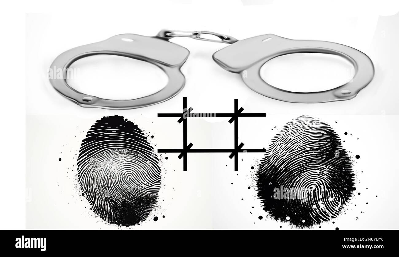 bandit's fingerprints and steel handcuffs prison bars Stock Photo - Alamy