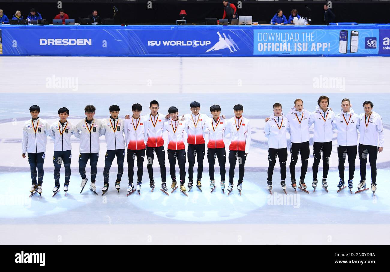 Dresden, Germany. 5th Feb, 2023. Gold medalist team China (C), sivler ...